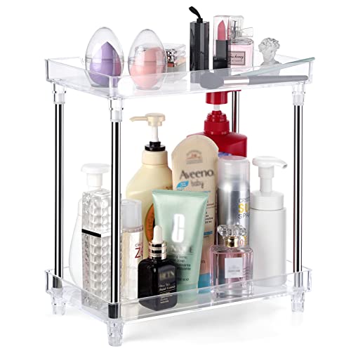 KPX Bathroom Makeup Organizer, Acrylic Cosmetics Storage Holder Rack Kitchen Utility Vanity Countertop Shelves for Room Organizers, Make Up, Home School, Dorm Room Office Essentials-Large(2-Tier)