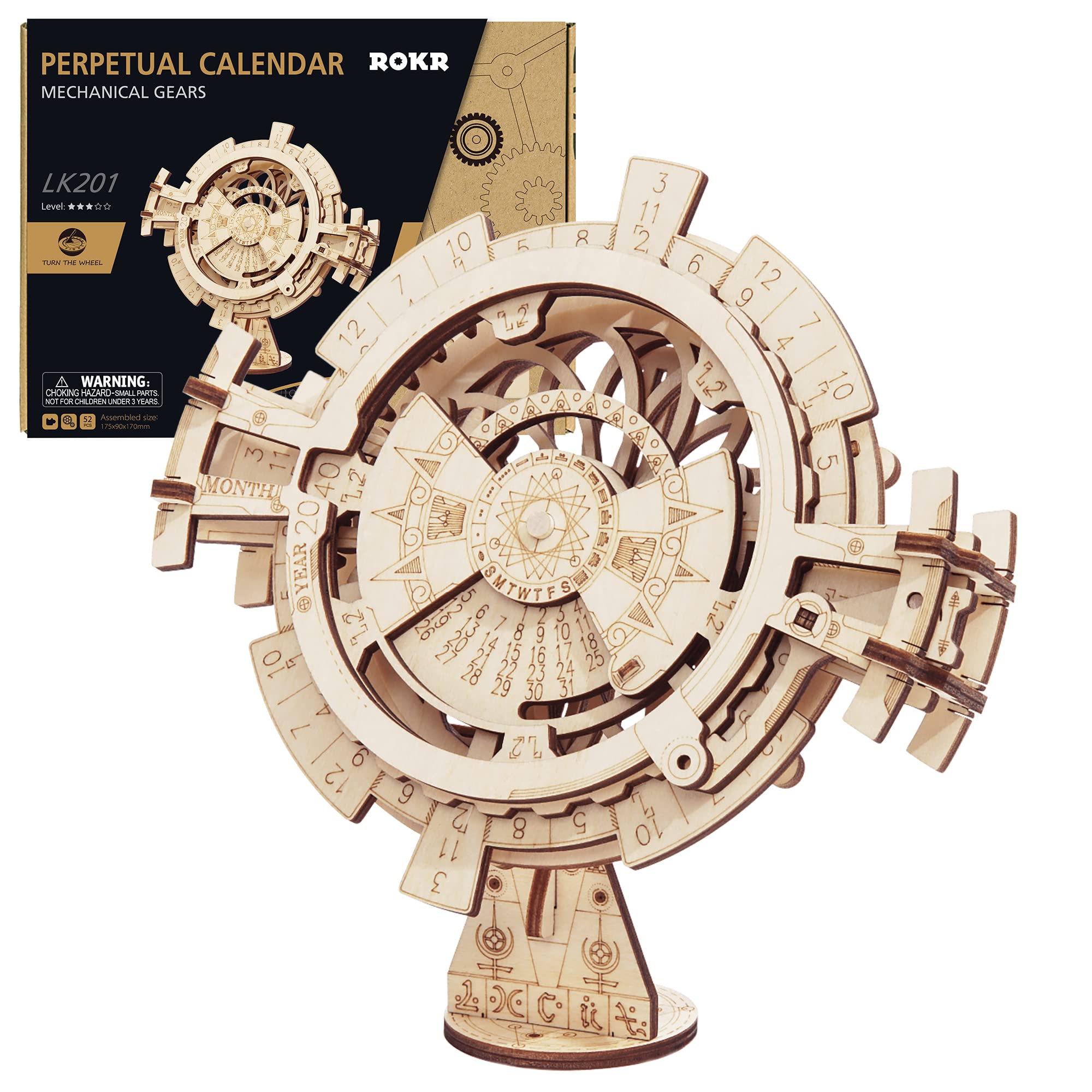 ROKR 3D Wooden Perpetual Calendar Puzzle,Mechanical Gears Toy Building Set,Brain Teaser Games,Engineering Toys,Family Wooden Craft KIT Supplies-Great Birthday for Husband Wife Adult