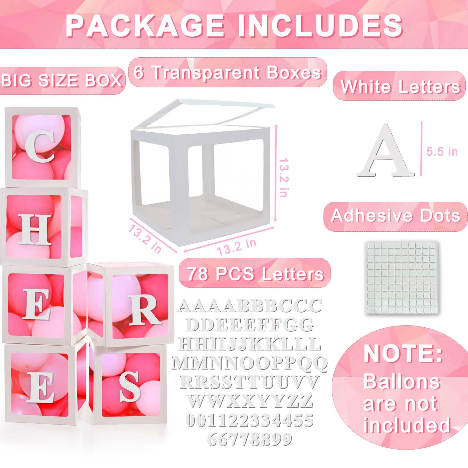 Ledido White Transparent Balloon Boxes With 78 Letters, 13.2" Big Name Boxes for Baby Shower Clear Baby Boxes for Gender Reveal, Birthday Wedding, Graduation Prom Party Decorations -6 PCS
