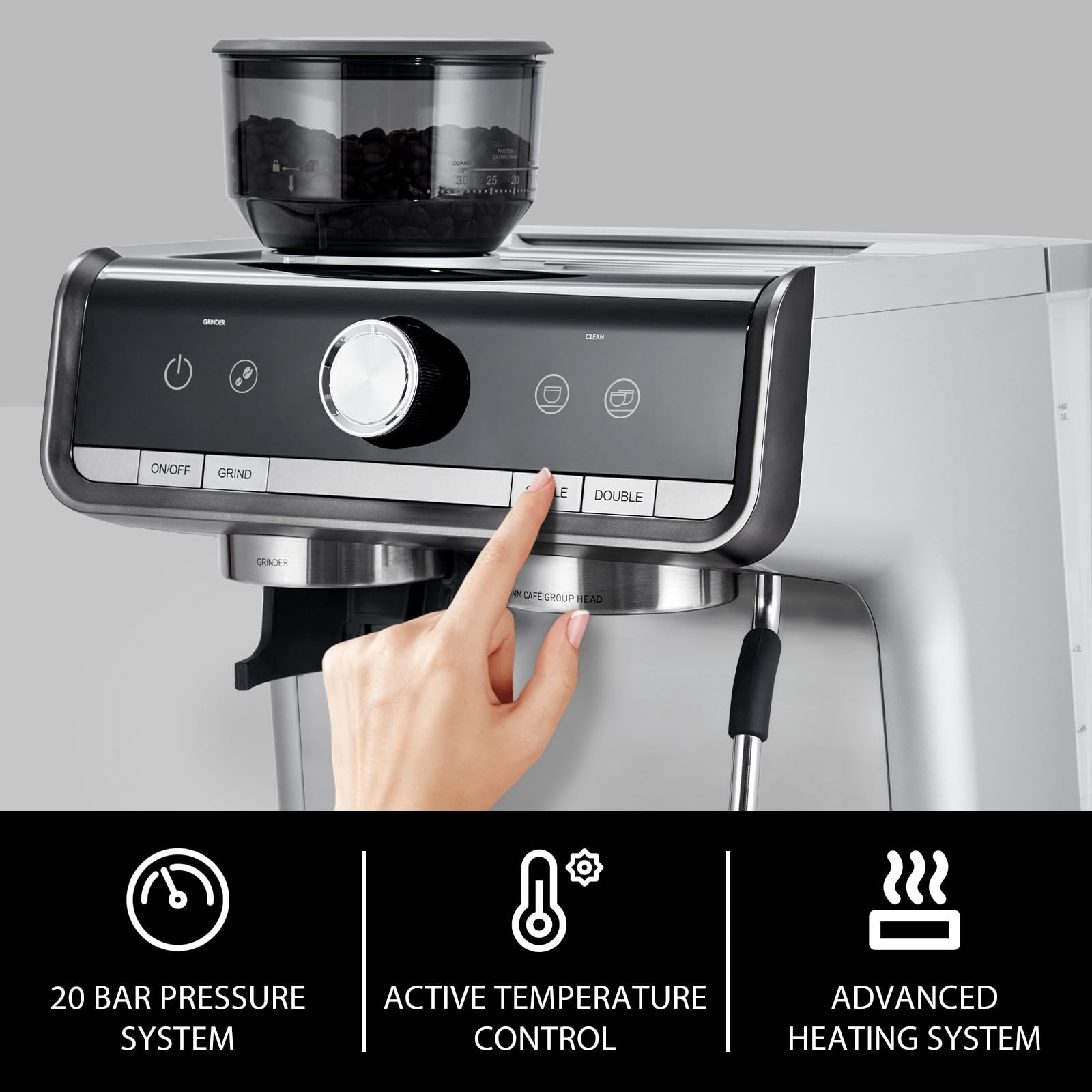 GarveeHome Espresso Machine, 20 Bar Professional Semi Automatic Espresso Maker with Grinder and Milk Frother Steam Wand, for Cappuccinos or Macchiatos