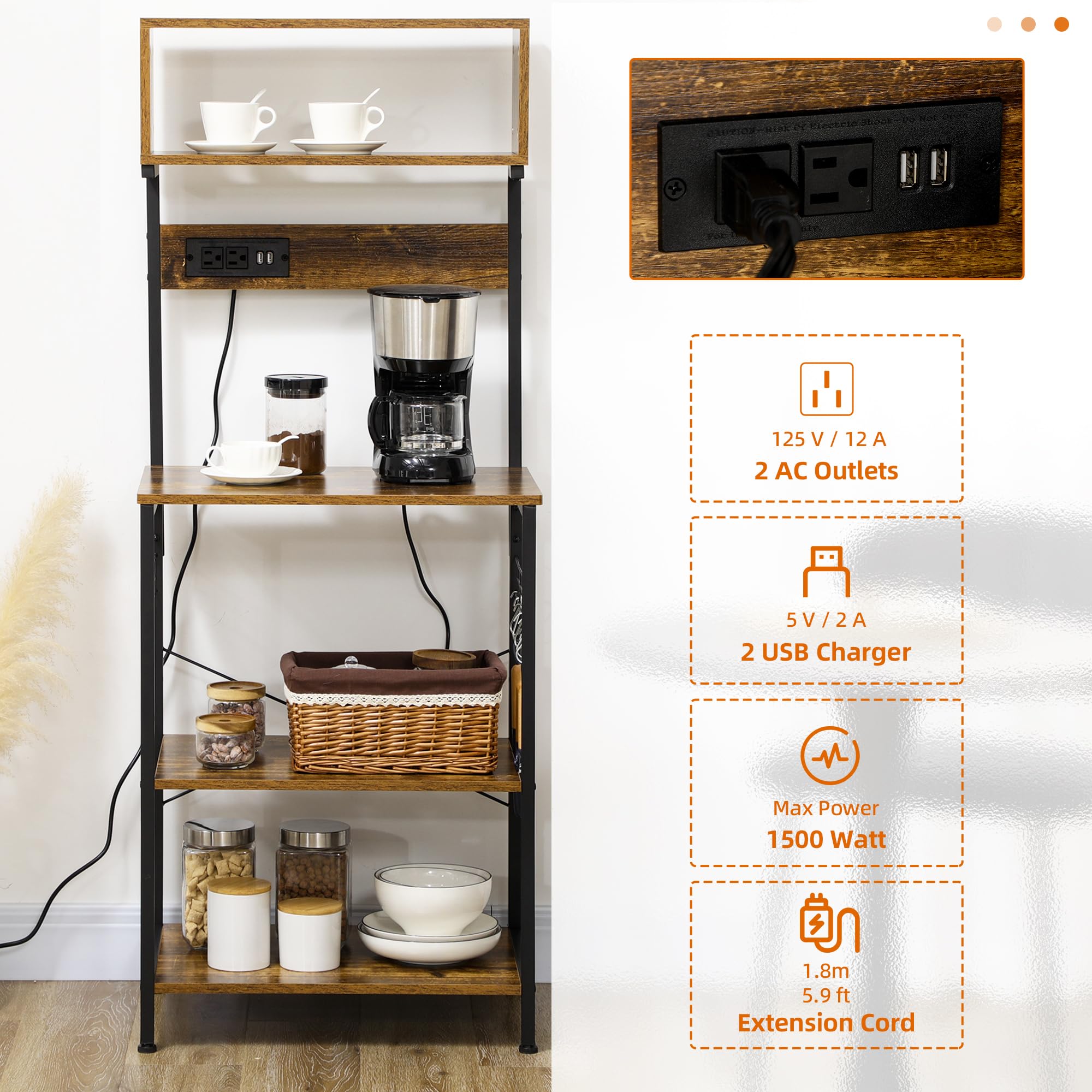HOMCOM Kitchen Bakers Rack with Power Outlet, USB Charger, Microwave Stand, Coffee Bar with Adjustable Shelves, 5 Hooks for Spices, Pots and Pans, Rustic Brown