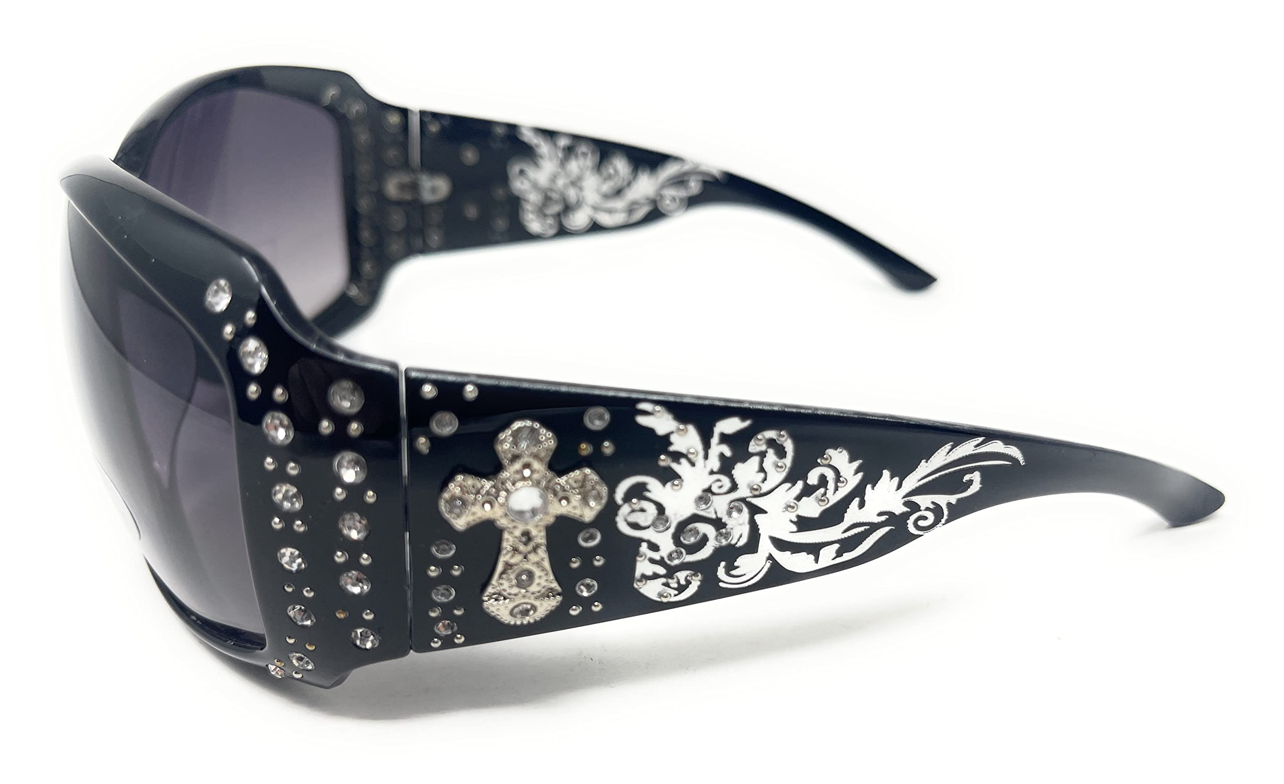 Texas West Women's Sunglasses With Bling Rhinestone UV 400 PC Lens in Multi Concho (Metal Cross Floral Black)