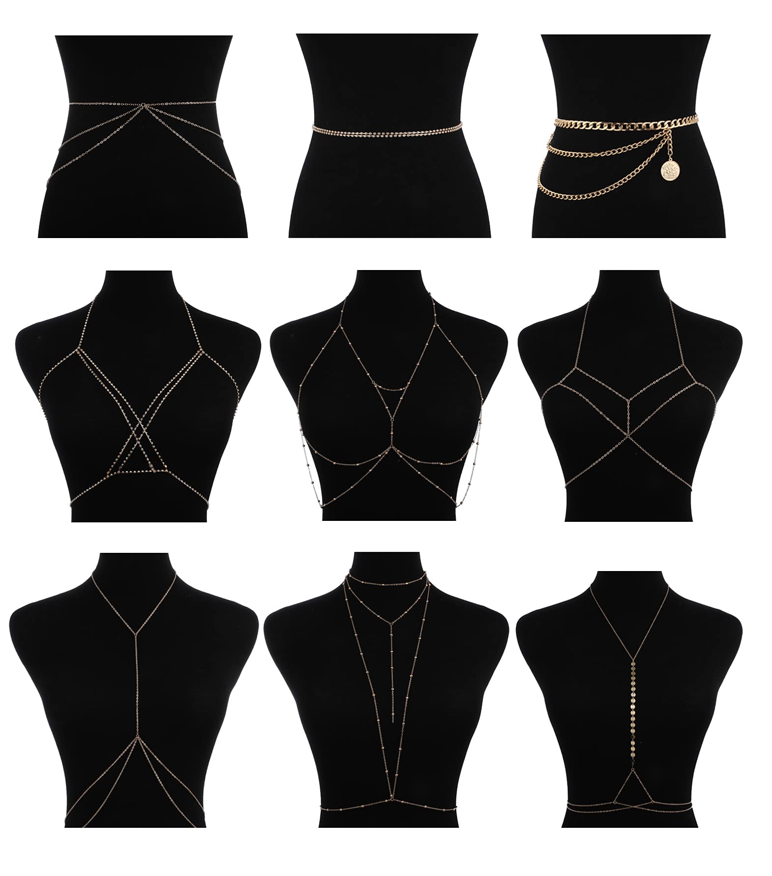 YOVORO 9PCS Sexy Belly Waist Chain for Women Bikini Body Chain Beach Bra Chain Jewelry Set G