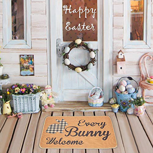 GROBRO7 Easter Door Mat Linen Checkered White and Black Rabbit Carpet Rubber Non-Slip Reusable Entrance Rug Every Bunny Welcome Doormat Gift Decoration Home Decor Indoor Outdoor Mats 22.8’’ x 14.9’’
