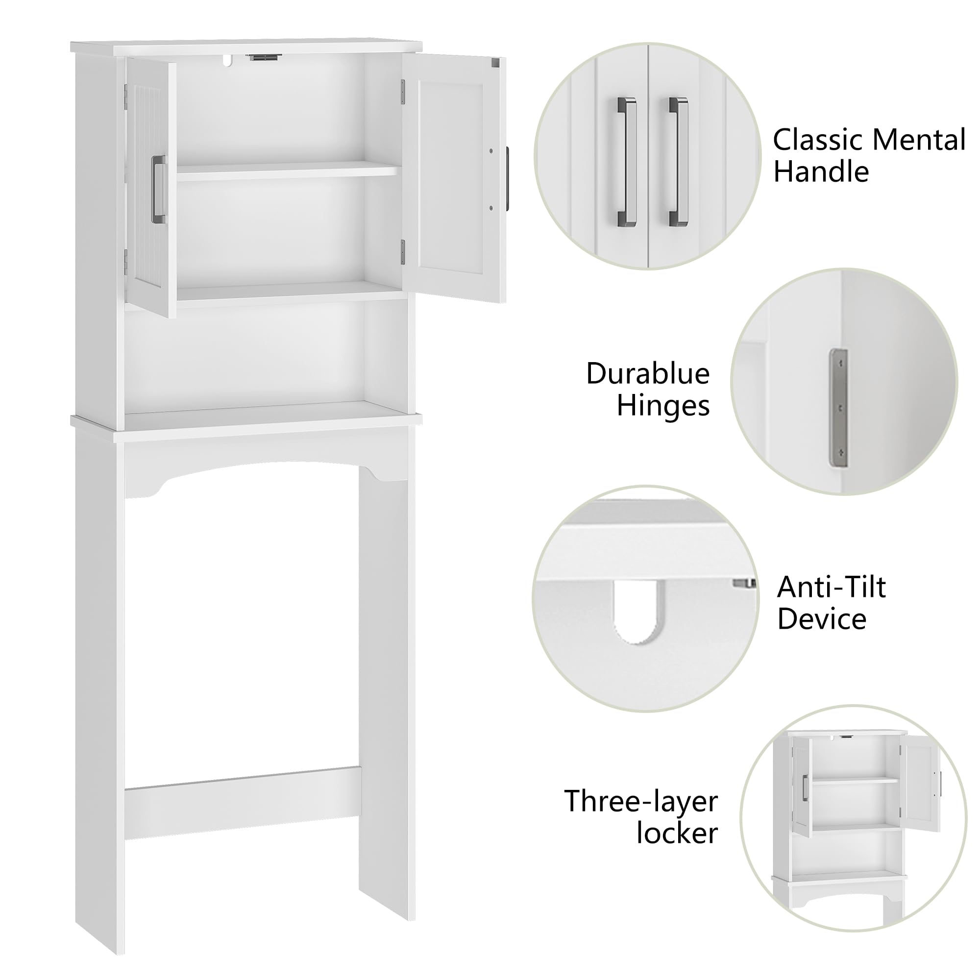 GarveeHome Over The Toilet Storage Cabinet, Double Door Bathroom Storage Organizer with Anti-Tip Device, Small Freestanding Space Saver with Open Shelf,White