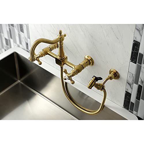 Kingston Brass KS1267AXBS Heritage 8-Inch Centerset Wall Mount Kitchen Faucet with Brass Sprayer, Brushed Brass