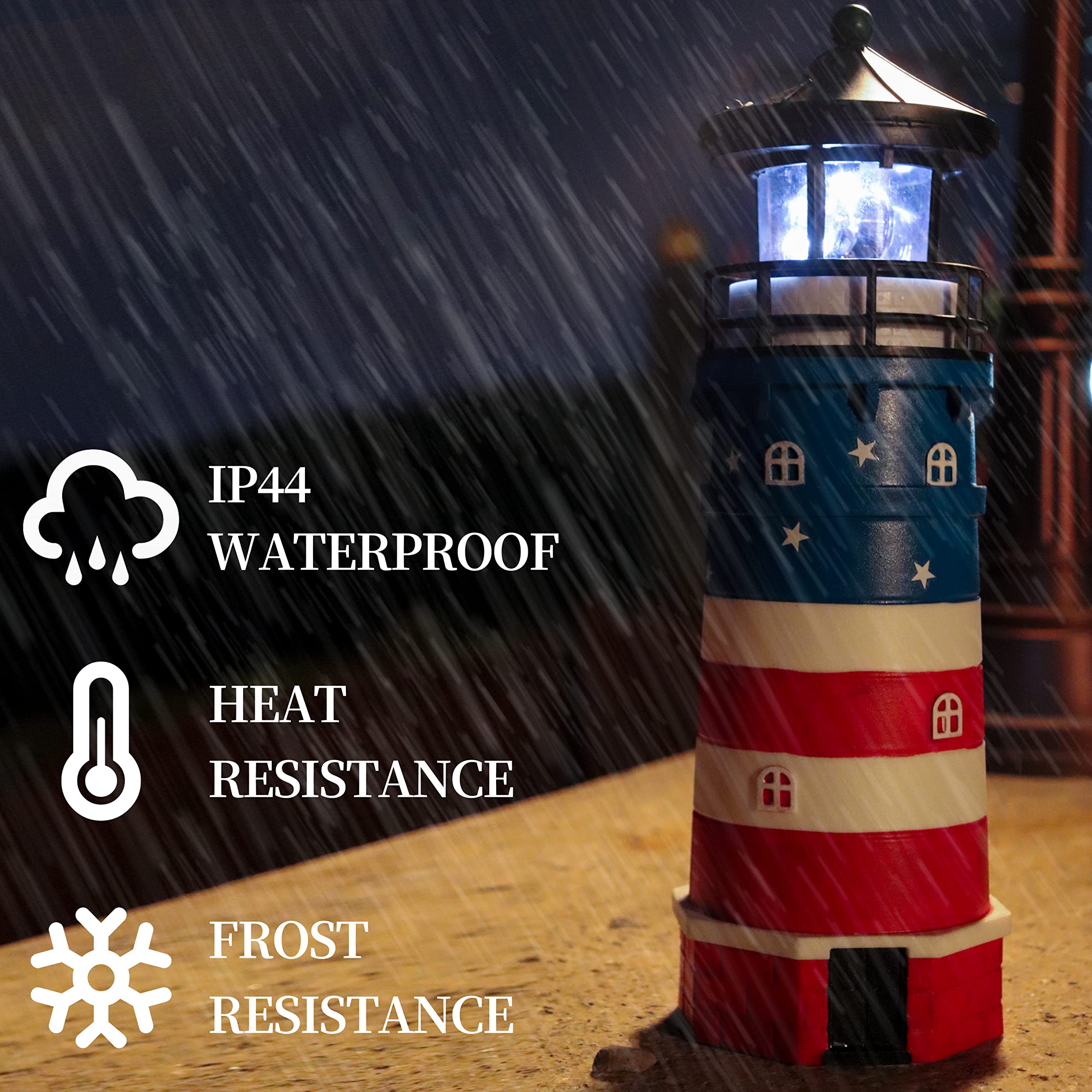 YQLEPIN Garden Solar Lighthouse Décor, American Flag Solar Lighthouse with Rotating Beacon,Lighthouse Lawn Ornament Patio Windowsill Decoration, Best Gift for Child Friends.(Round Design