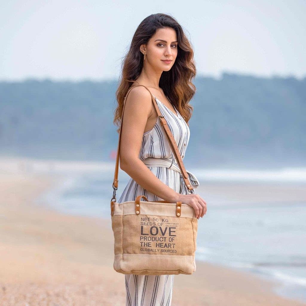 Myra Bag Sustainable Organic Fabric Market Bag Upcycled Cotton & Leather S-2887
