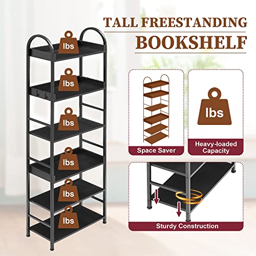 Merax Bookshelf, 6-Tier Bookcase with 4 Hooks, 70.8 Inch Tall Industrial Wood Storage Rack, Arched Open Shelves for Home Office, Living Room, Bedroom, Kitchen