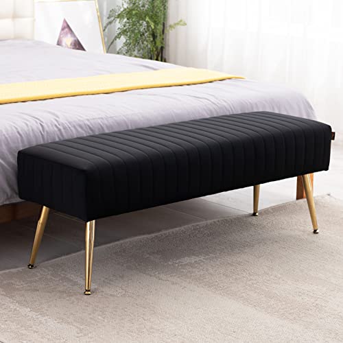 Furnimart 44 Inch Velvet Bench Ottoman Comfortable Footrest Stool Table Bench Dining Bench Tufting Bench Indoor Bench with Gold Legs for Living Room Bedroom Entryway (Velvet-Black)