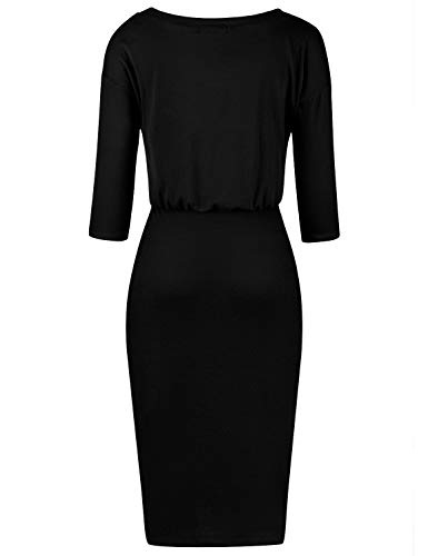 Moyabo Church Dresses for Women 3/4 Sleeve Round Neck Elastic Wasit Causal Dresses with Pockets Black Large