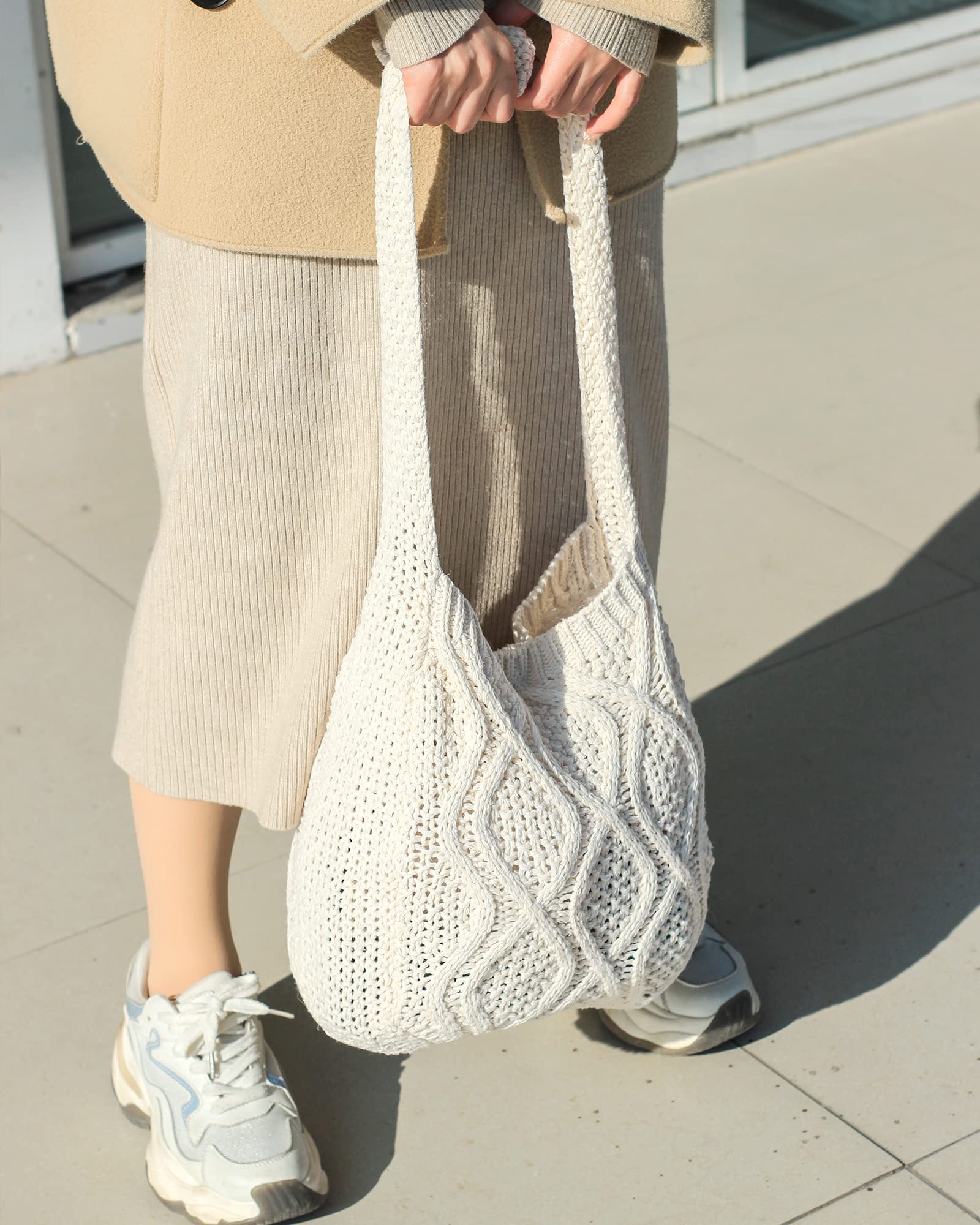 ENBEI Women's Shoulder Handbags Crochet Bags aesthetic canvas cute Shopping tote (White)