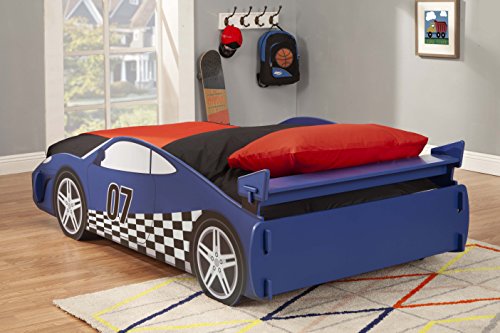 Legaré Furniture Children's Race Car Standard Bed Frame for Kids, Blue and White, Twin Size