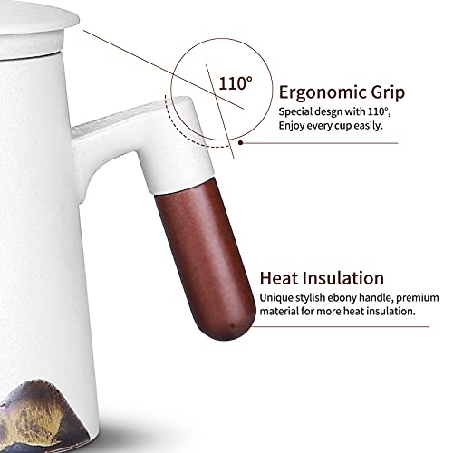 ENJOHOS Wooden handle Tea Mug Japanese Style Large Ceramic Tea Cup with Infuser and Lid, Fine Porcelain Infuser Mug for Work Life Gift (14 oz, Matte White)