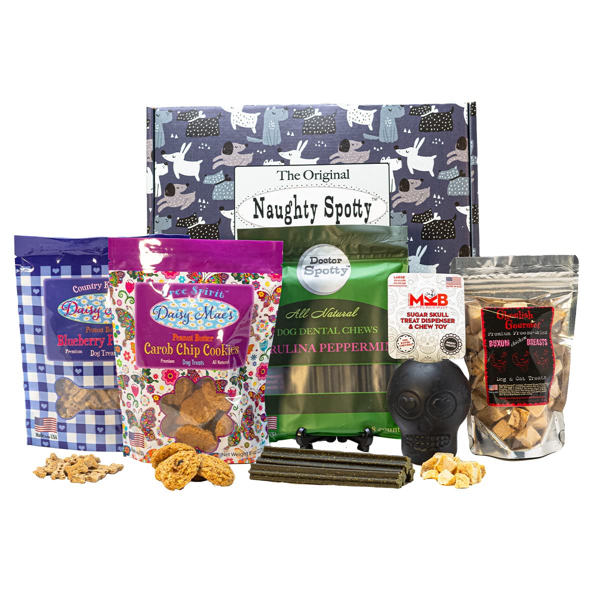 Naughty Spotty Dog Treat Gift Box, Black Skull Treat Dispenser, USA-Made Dog Treats & Chews, Md/Lg Dogs, (Peanut Butter, Blueberry, Peppermint & Chicken Flavors).