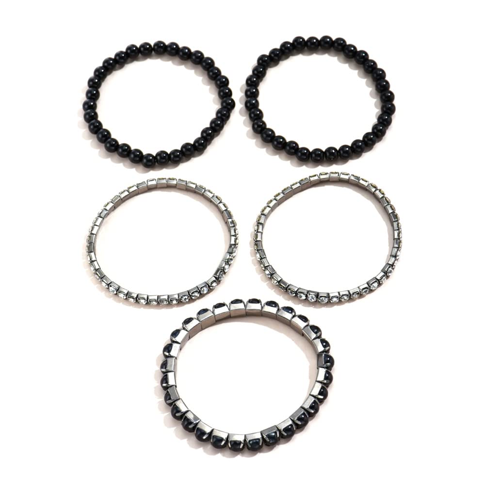 COLORFUL BLING 5-6Pcs Imitation Pearl Stretch Bracelet Set for Women Gold Beaded Flat Strand Stackable Crystal Rhinestone Layered Bracelet for Women Jewelry-5pcs black crystal