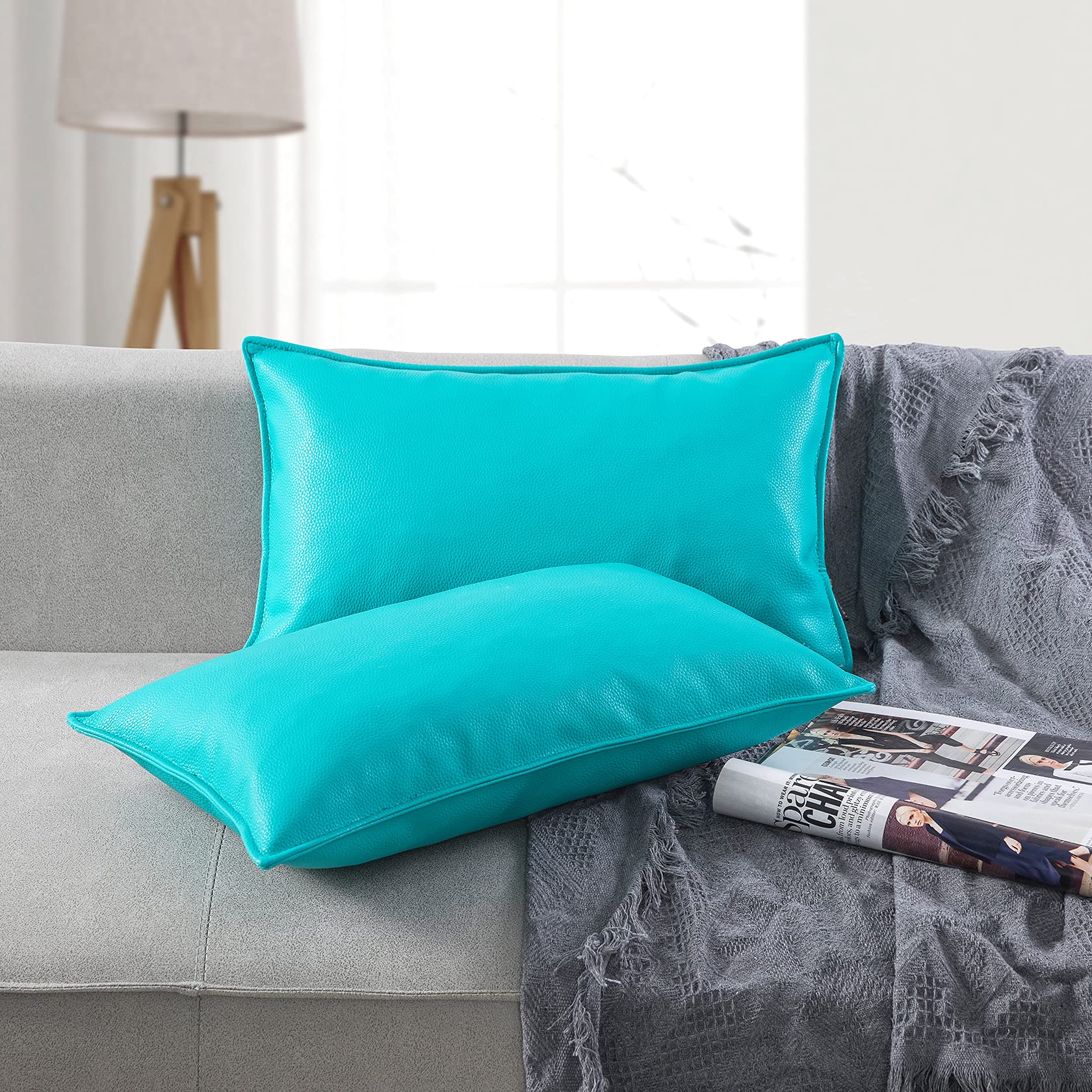 YINNAZI Thick Heavy Duty Soft Faux Leather Throw Pillow Covers, Solid Color, Waterproof Dustproof, Square Garden Cushion case, Pillowcase for Patio Couch Sofa Bench, 12x 20 Inch, Set of 2, Teal Green