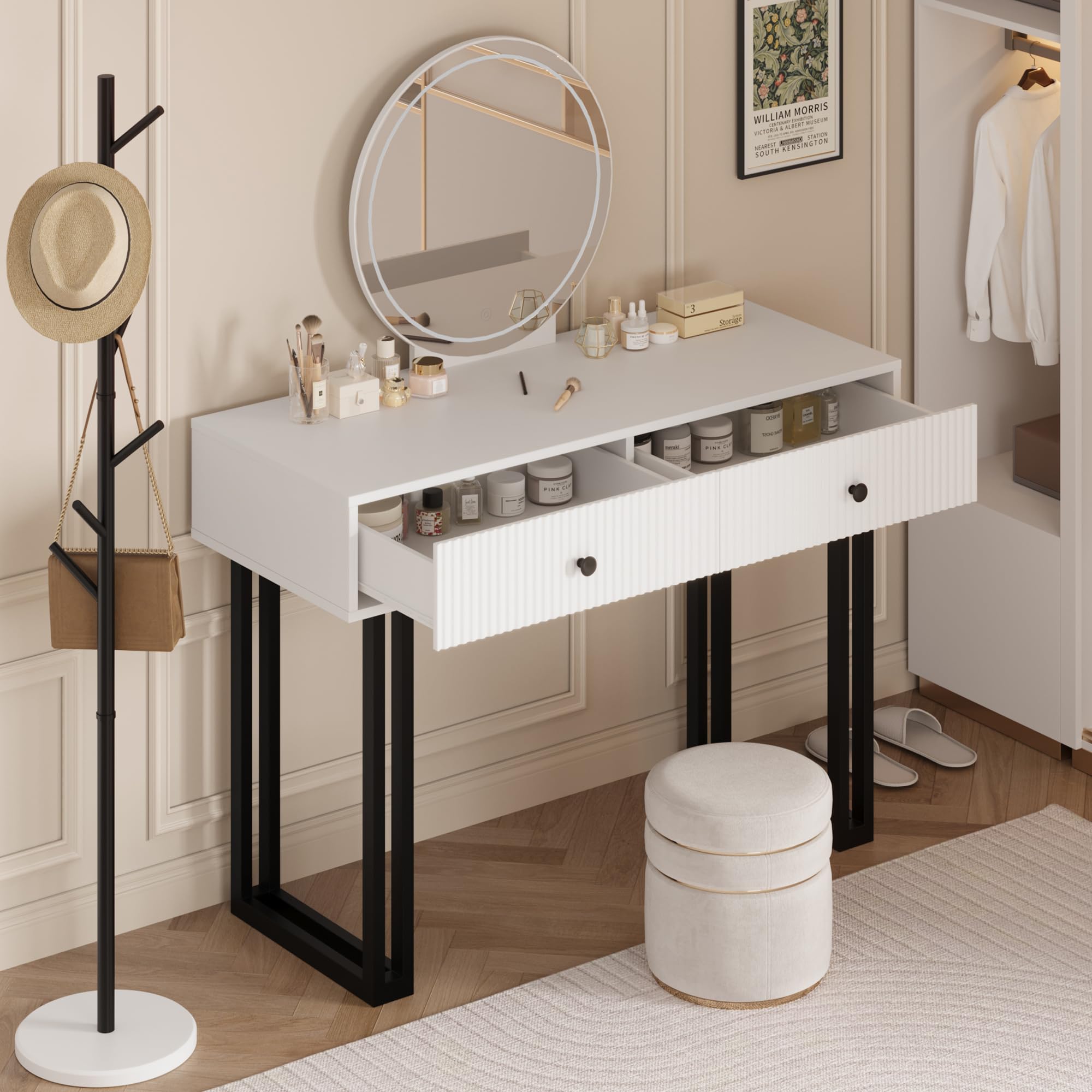 GarveeHome Vanity Desk with Mirror and Lights, Small Makeup Vanity with 2 Drawers, Modern Vanity Organizer with 3 Color Lights&Adjustable Brightness, Dressing Table for Bedroom, White