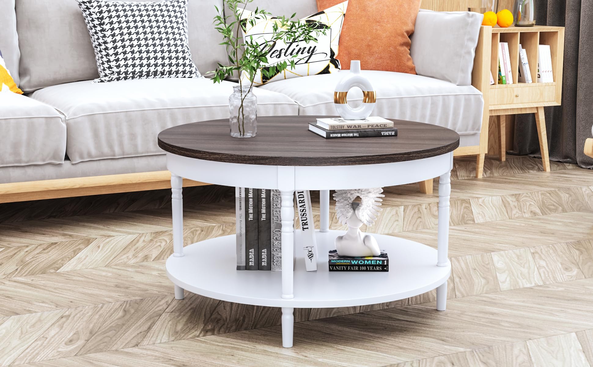 CHEEMHOM Round Coffee Table -33" Solid Wood Farmhouse Table for Living Room, 2-Tier Rustic Circle Desktop with Storage Shelf Modern Design Home Furniture Brown & White