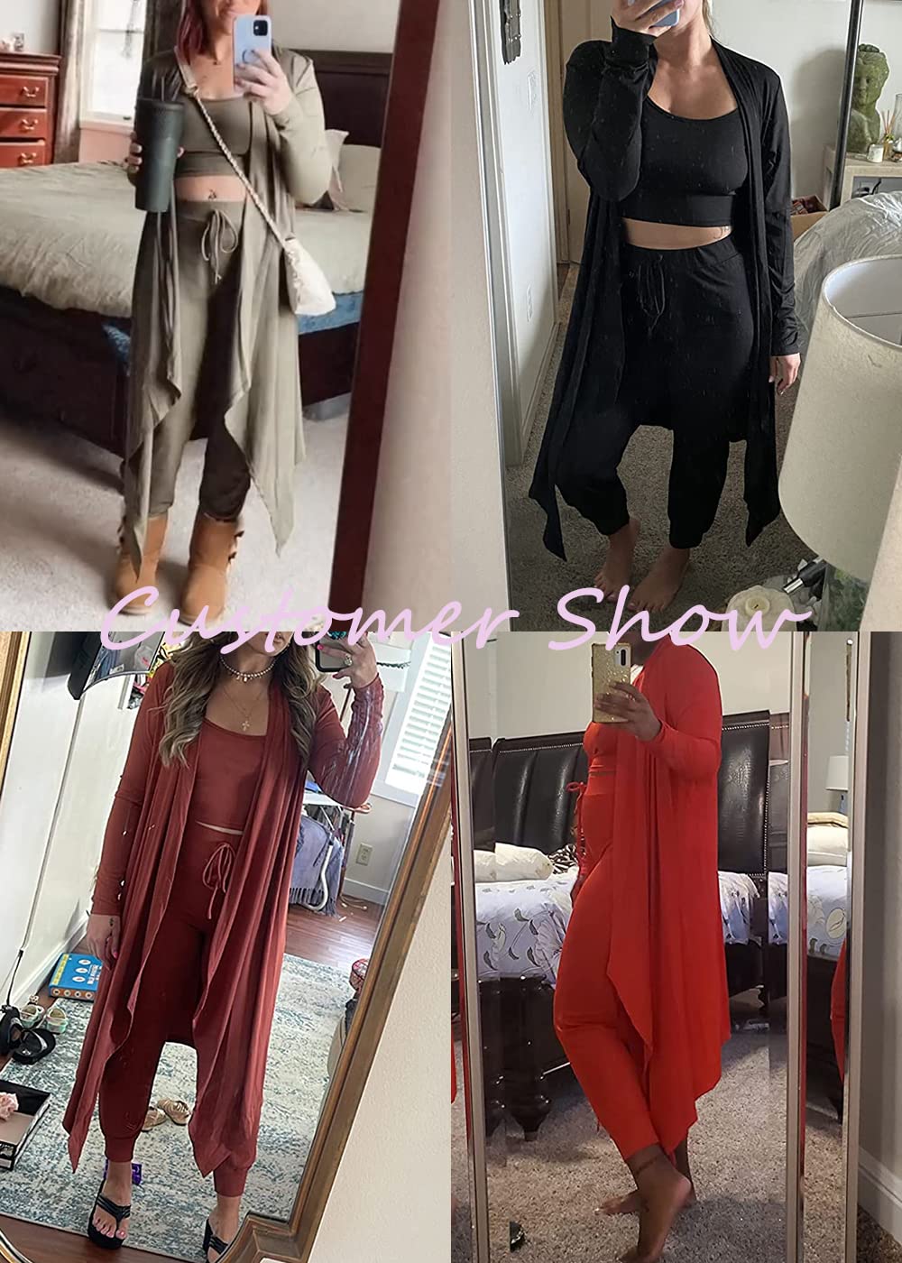 Cosygal Women's Crop Top Cardigan Jogger Pants Tank Coat Three Piece Outfits Sets Black Small