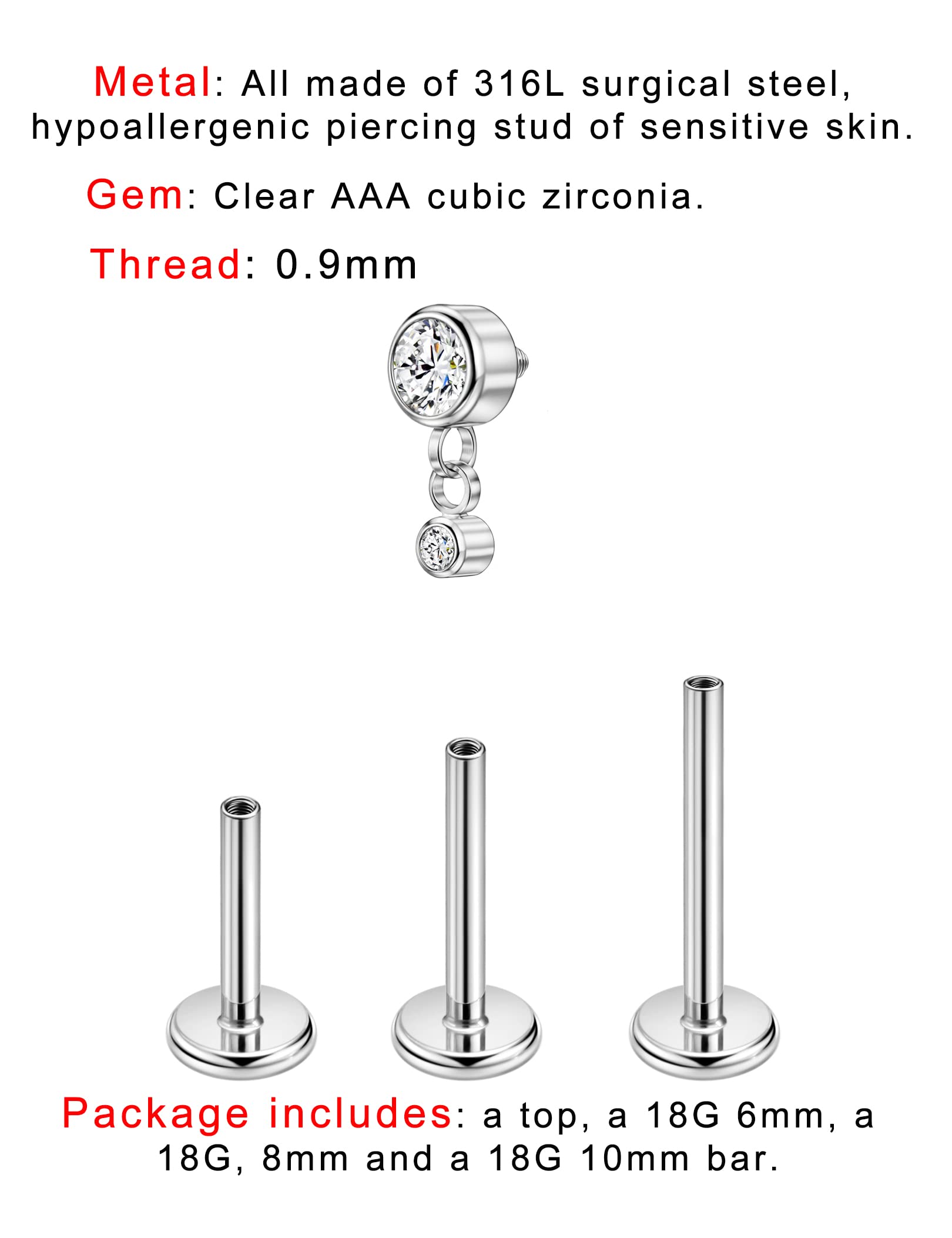 FANSING Clear CZ Dangle Earrings Stud Surgical Steel Silver Cartilage Earring Conch Piercing Jewelry Helix Earrings Tragus Earrings Clear CZ End with 18g 6mm 8mm 10mm Internally Threaded Posts