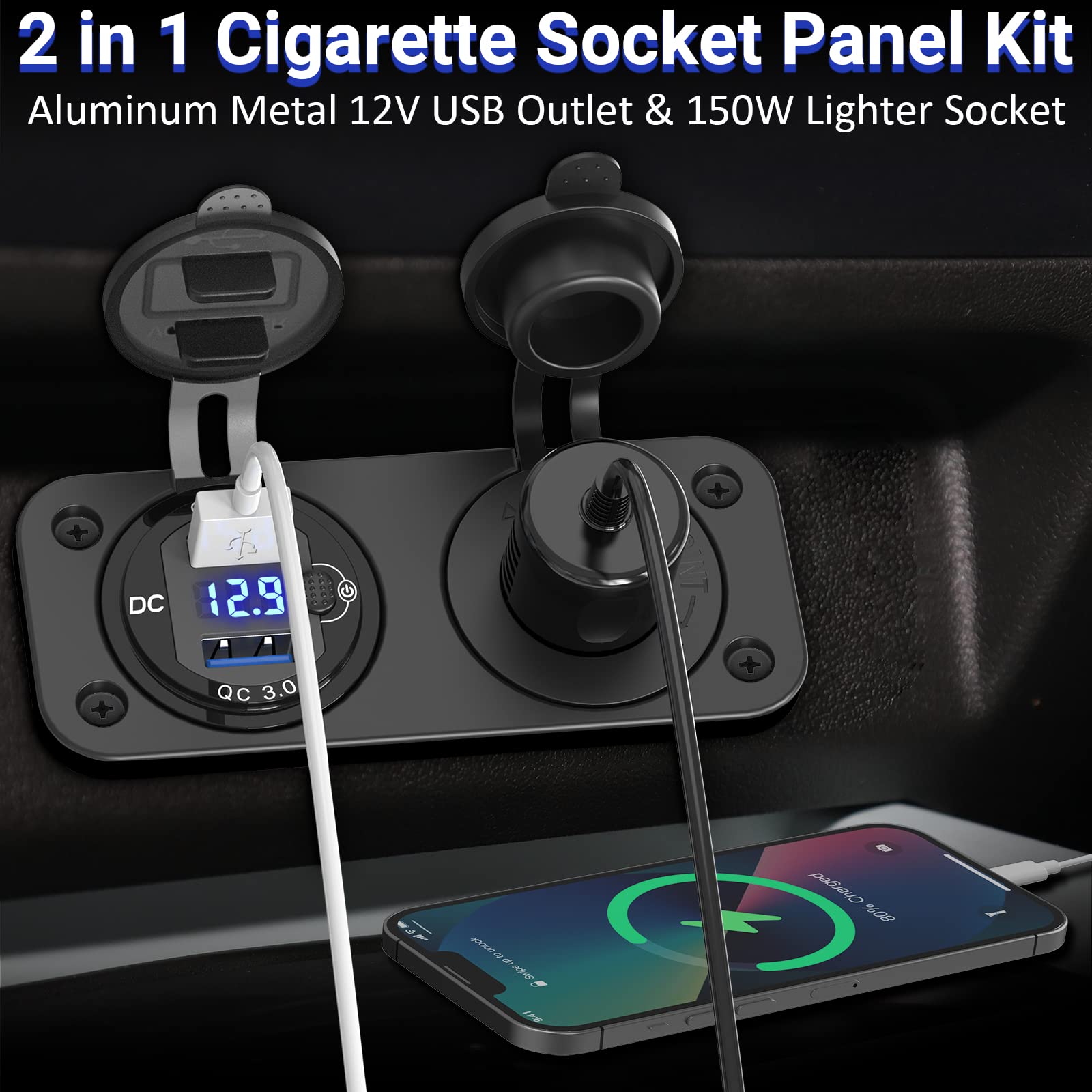 Cigarette Lighter Socket 12V Power Outlet, Qidoe Aluminum 40W Dual QC3.0 USB Charger Socket with LED Voltmeter Switch,150W DC Lighter Socket Waterproof 12V Plug Panel for Car Boat RV Marine Golf Cart