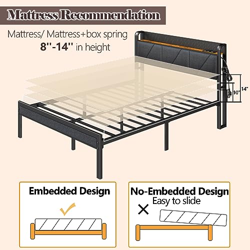 Furnulem Queen Size Bed Frame with LED Lights,Upholstered Storage Headboard with Charging Station and USB Port, Platform Bedframe Queen No Box Spring Needed, Noise Free