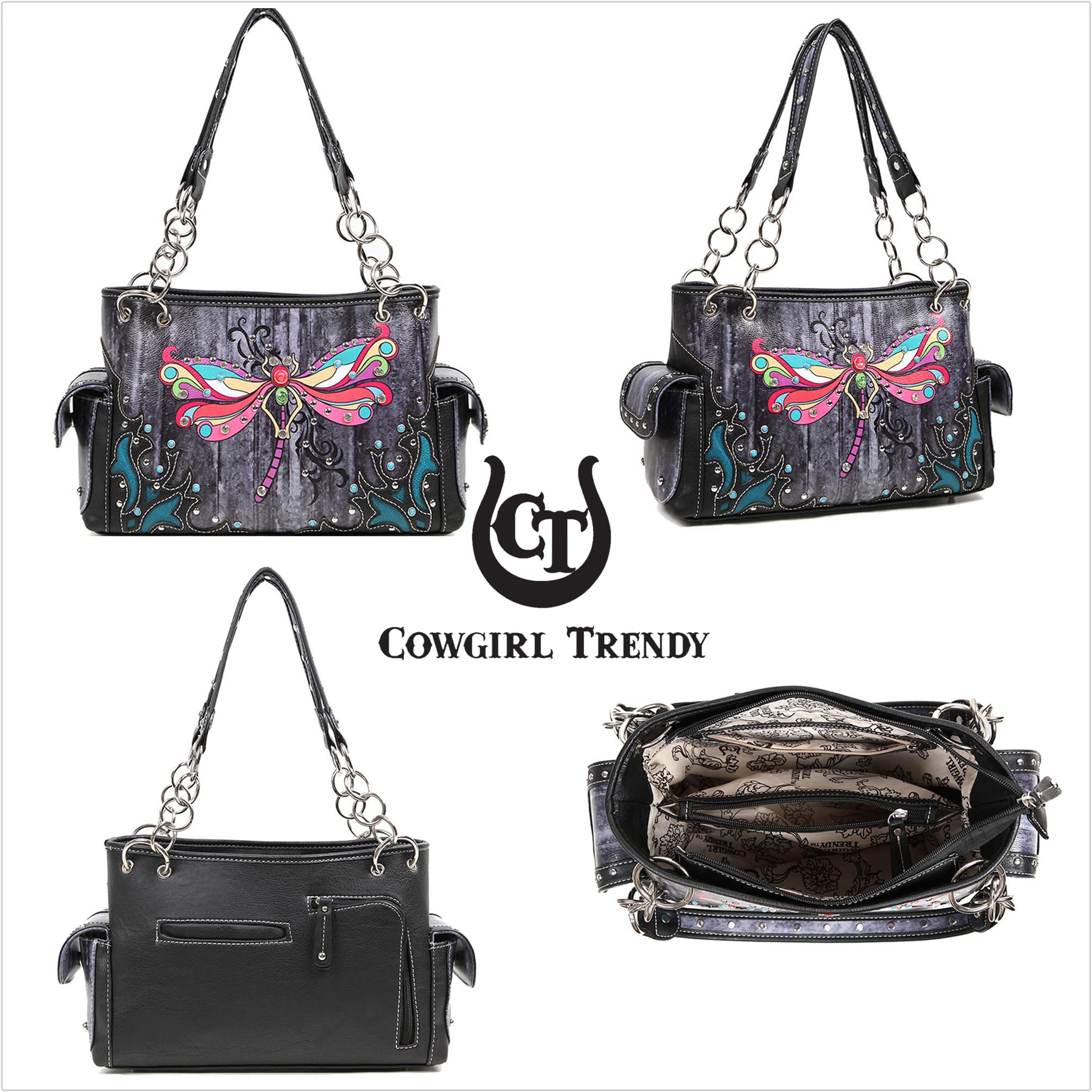 Colorful Dragonfly Western Spring Purse Country Handbag Women Shoulder Bag Crossbody Wallet Set Black