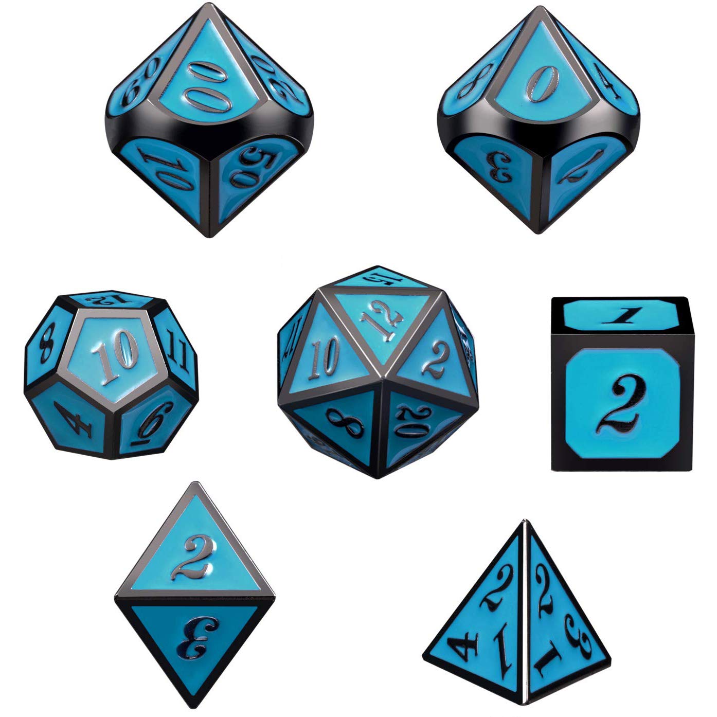 Set of 7 Metal Dice Set with Storage Box - Turquoise with Gunmetal Numbers - Includes D4, D6, D8, D10, D12, D20 and D% by SciencePurchase