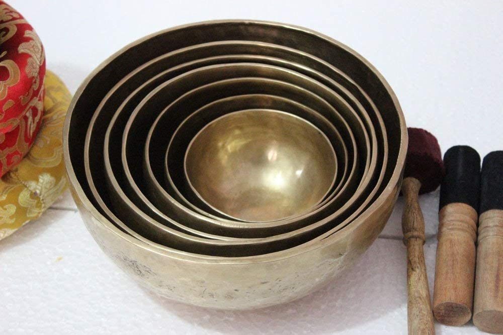 Set of 7 pieces ~ Hand Hammered Yoga Meditation Bowls 5"-10" included 7 Mallets, 7 cushions & 1 drum stick.