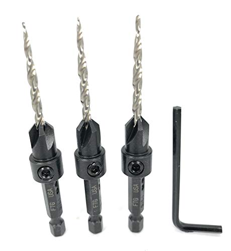 FTG USA Countersink Drill Bit Set 3 Pc #6 (9/64") with 3 Pc Replacement Countersink Drill Bit Same Size 9/64" Set Countersink HSS M2 Tapered Countersink Bit, with 1 Hex Wrench