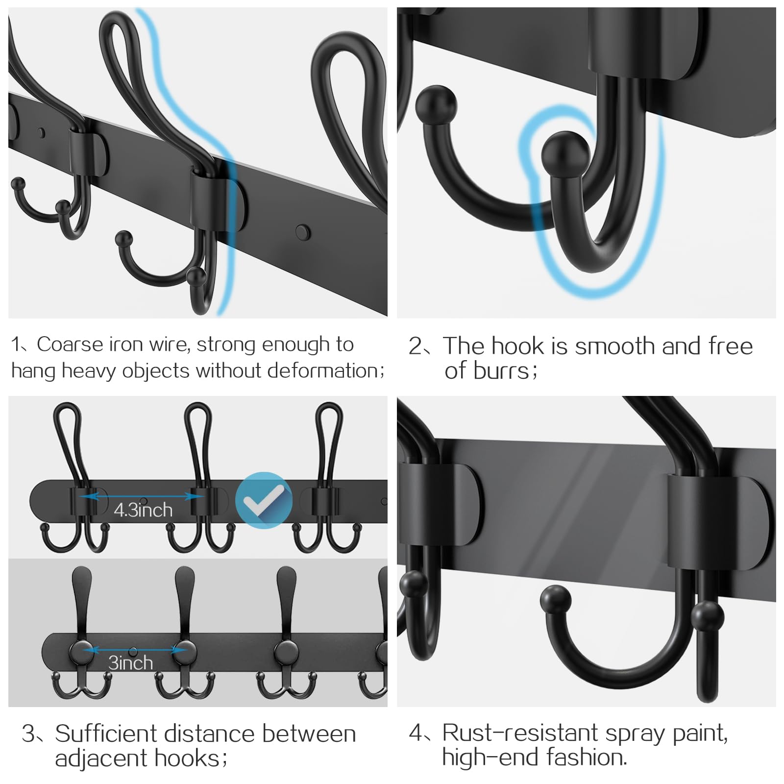 CoziPlan Coat Rack Wall Mounted, 4 Heavy-Duty Tri Hooks All Metal Structures with Large Space, for Coat Hat Towel Purse Robes Mudroom Bathroom Entryway (Matte Black, 2 Packs)