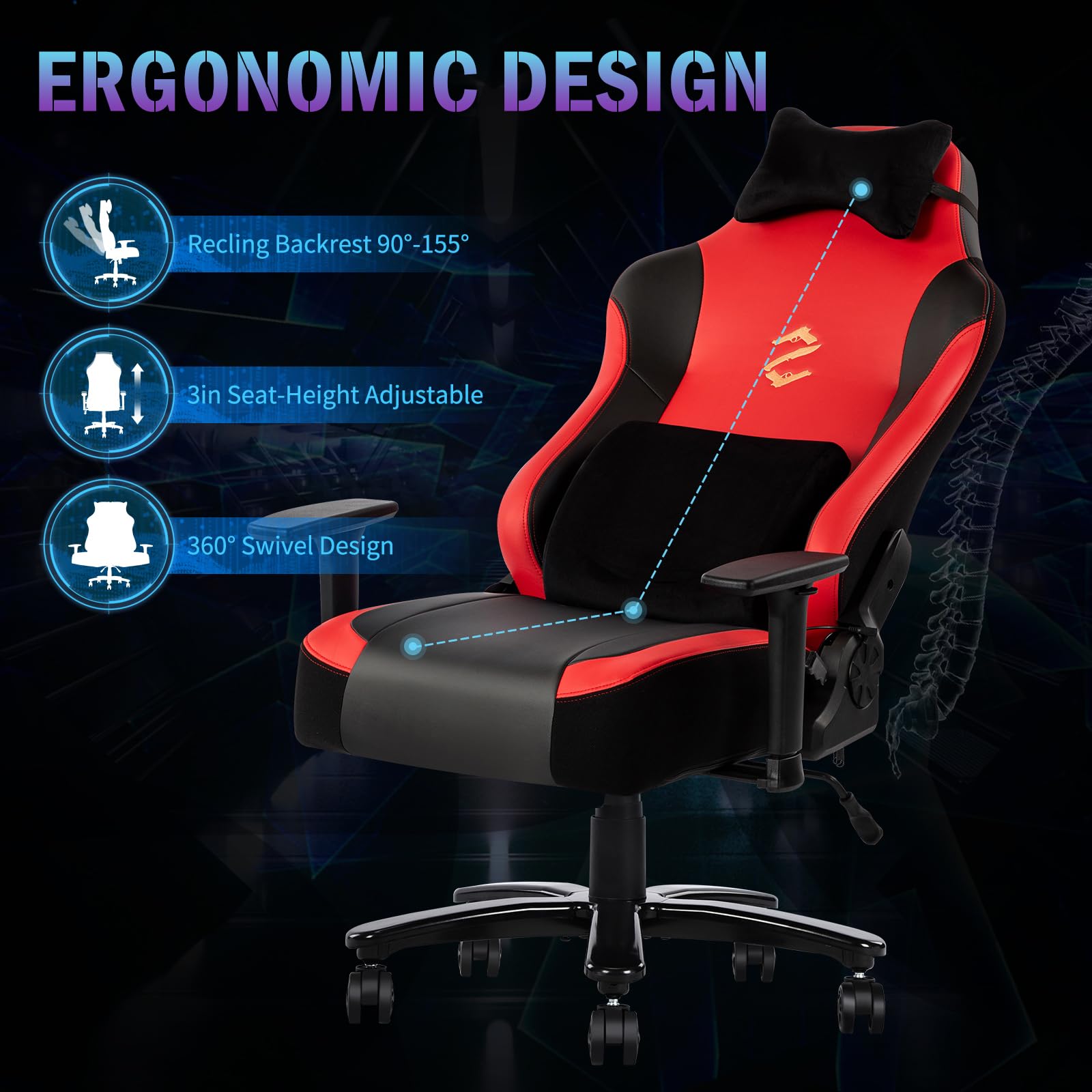 Fantasylab Big and Tall 400lb Massage Memory Foam Gaming Chair Adjustable Tilt, Back Angle and 3D Arms High-Back Leather Racing Executive Computer Desk Office Chair, Metal Base, Red