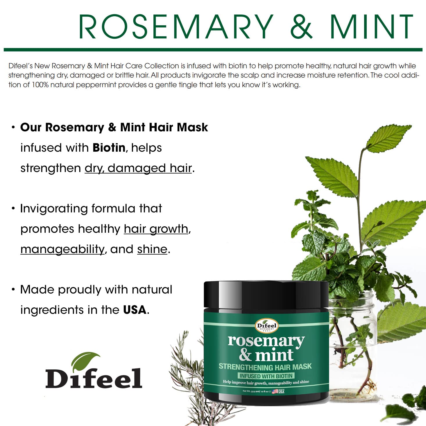 Difeel Rosemary & Mint Biotin Haircare Collection - Shampoo+ Conditioner + Hair Mask (12oz Each), 2.5oz Root Stimulator & 7.1oz Oil