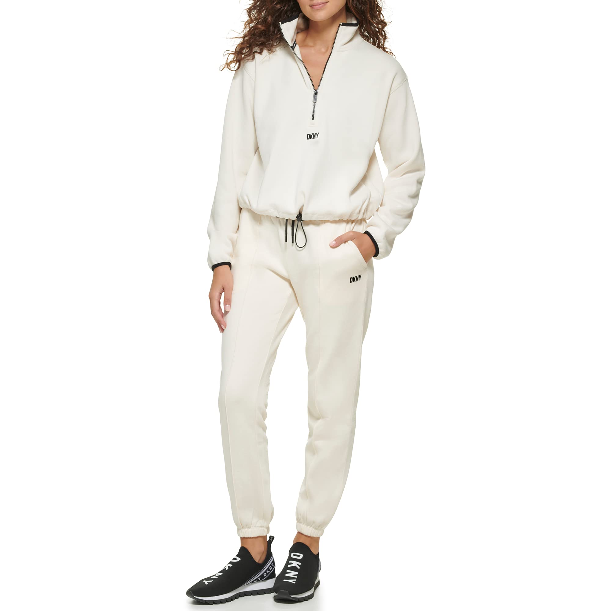 DKNY Women's Half Zip Fleece Sweater with Cinch Waist, Snow, X-Large