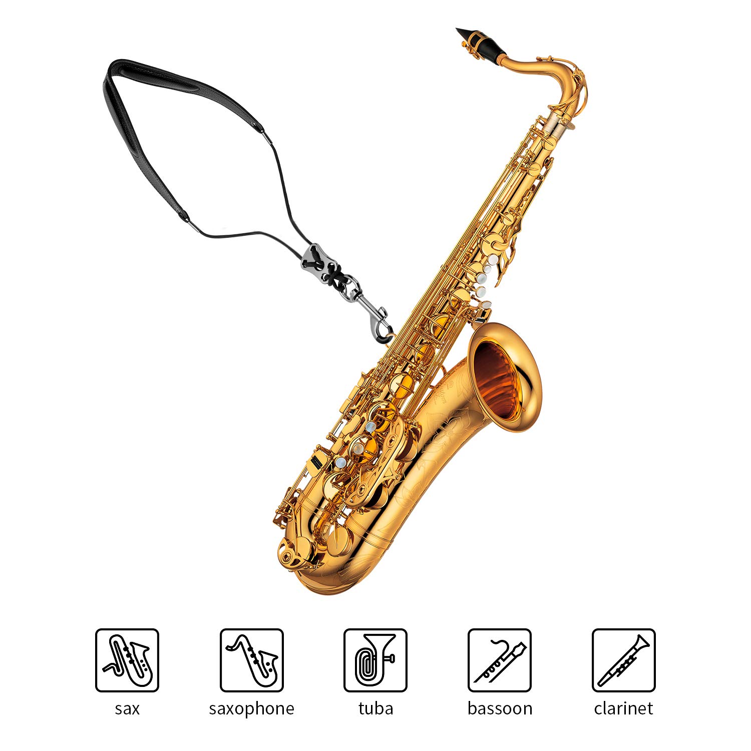 Rinastore Saxophone Strap Genuine Leather Sax Neck Strap with Soft Thick Pad for Soprano Tenor Alto Sax and Clarinets Oboes1