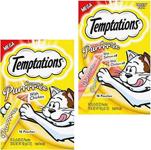 Temptations Creamy Puree Lickable Cat Treats - 32 Pouches Squeezable Cat Topper Snacks Variety Bundle 2 Pack (Chicken & Salmon 0.425 Each Pouch)