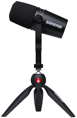 Shure MV7 USB Microphone with Tripod, for Podcasting, Recording, Streaming & Gaming, Built-in Headphone Output, All Metal USB/XLR Dynamic Mic, Voice-Isolating Technology, TeamSpeak Certified - Black