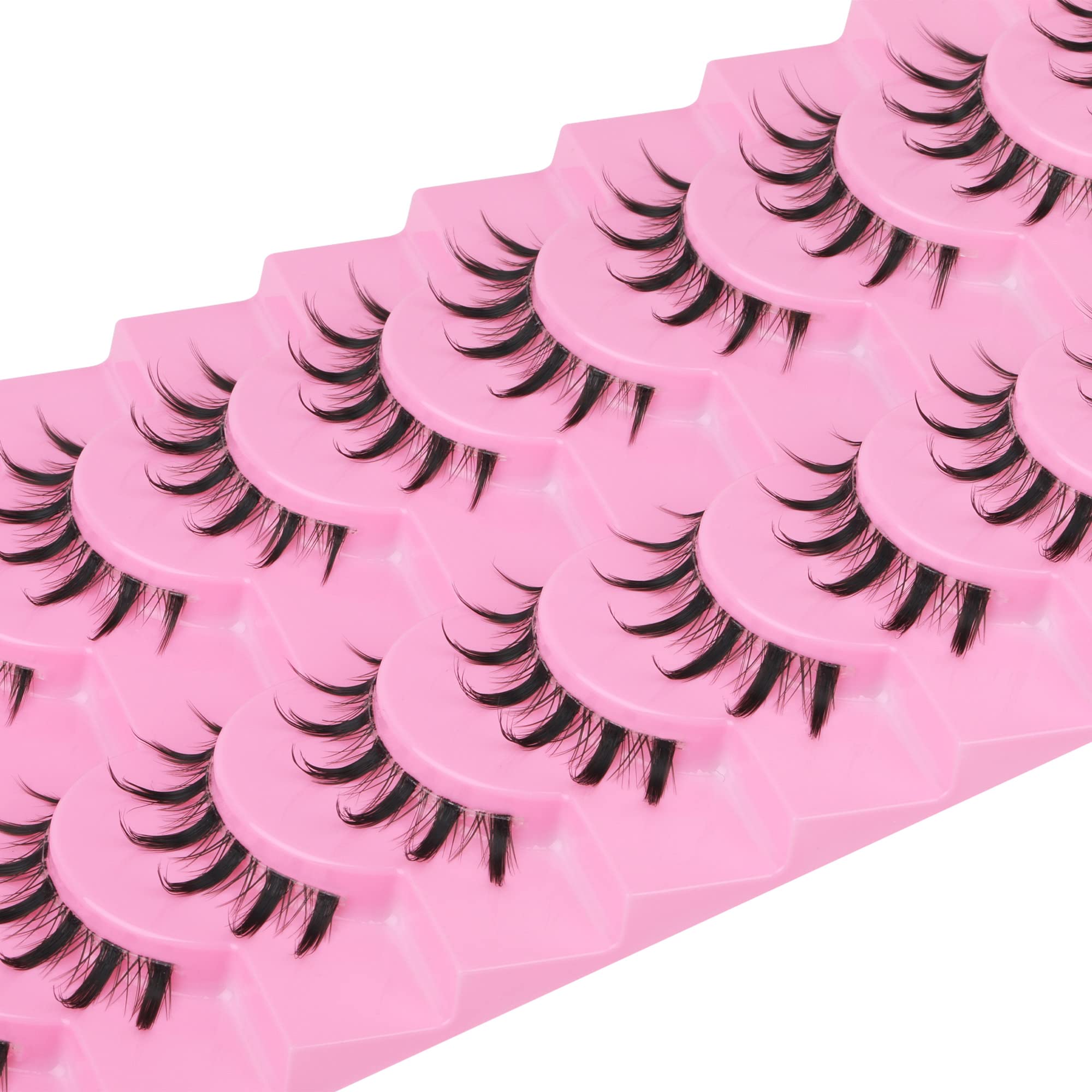 FANXITON Manga Lashes Natural Look 10 Pairs 15mm with Clear Band Japanese Cosplay Lashes Short Handmade 3D False Eyelashes
