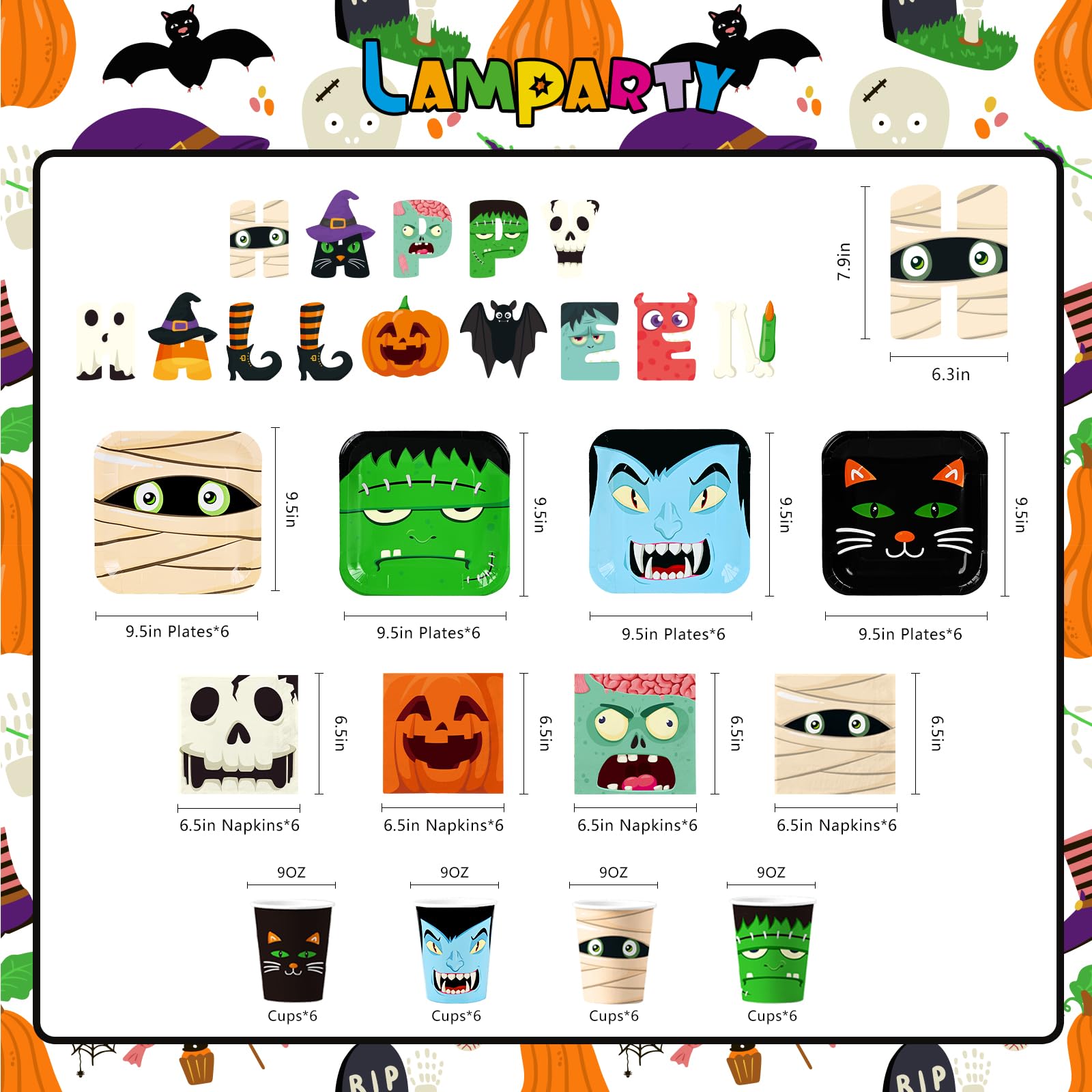 Halloween Party Supplies Kit for 24 Guests - Halloween Design with Disposable Dinner & Dessert Plates, Napkins, Cups, Tablecloth, and Banner -for Halloween Birthday Party Decorations