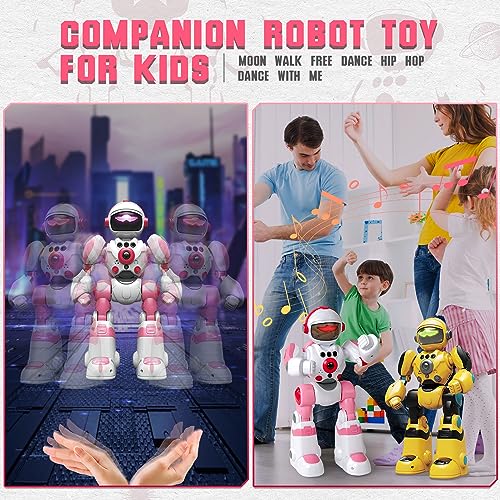 FUUY Robot for Kids 3-5, Robot Toys for Girls with Record Voice & Gesture Sensing Control Programmable Music Dancing Functions Smart Pink Warrior Birthday Gift Toys for Toddler Age 3 4-6 5-7 Year Old