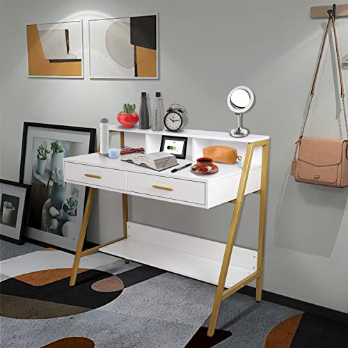 COZUHAUSE White and Gold Modern Computer Desk Simple 39 inch Home Office Desk Writing Desk with R Shaped Metal Legs,2 Storage Drawers Makeup Vanity Study Console Table