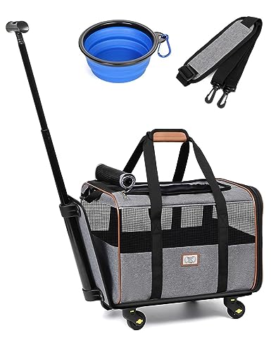 Lekereise Cat Dog Carrier with Wheels Airline Approved Rolling Pet Carrier with 1 Bowl, Grey