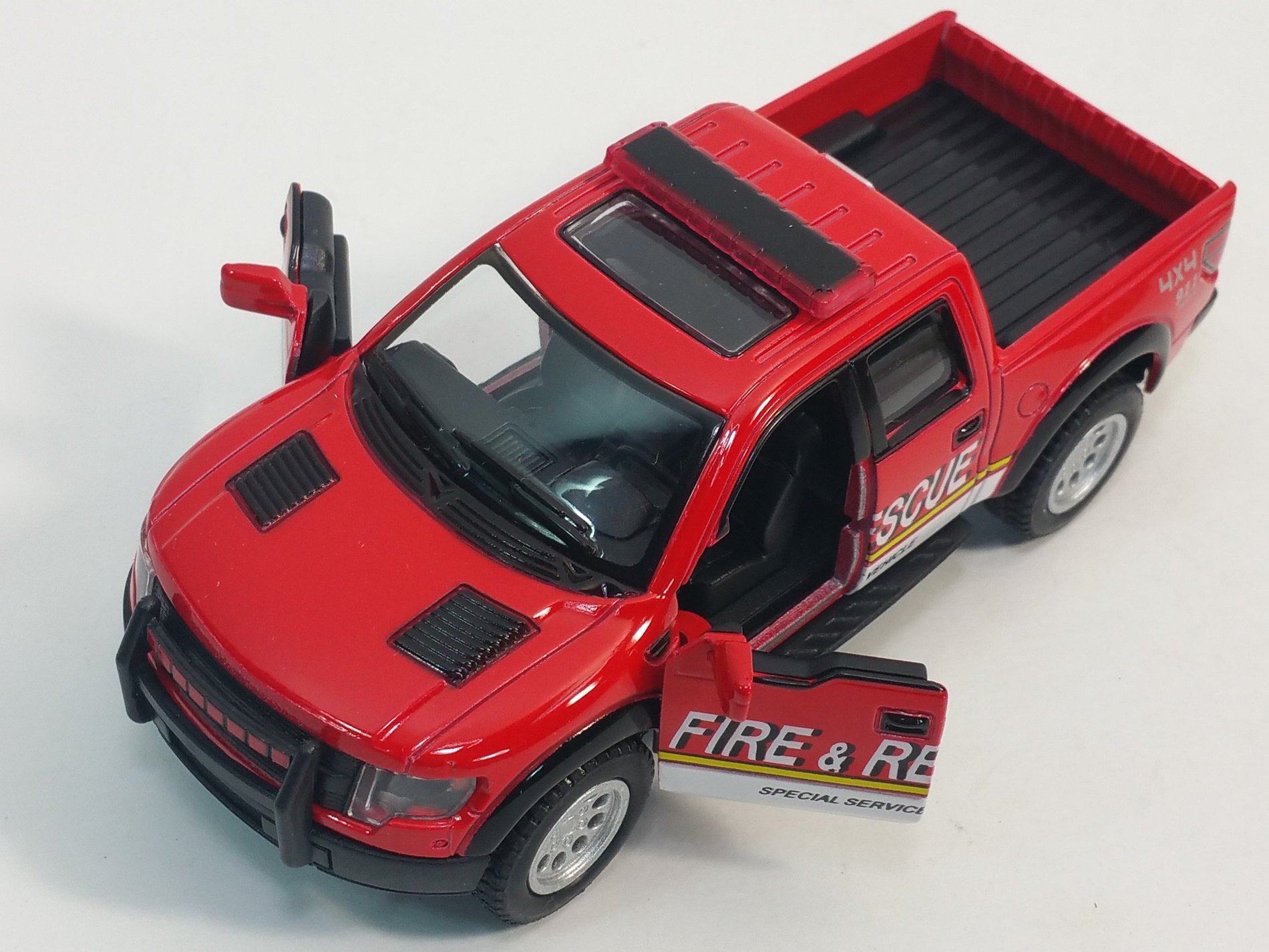 KiNSMART π¨ 2013 Ford F-150 SVT Raptor Supercrew Fire Rescue Edition 1:46 Scale 5inch Die Cast Metal Model Toy Rescue Fire Trucks