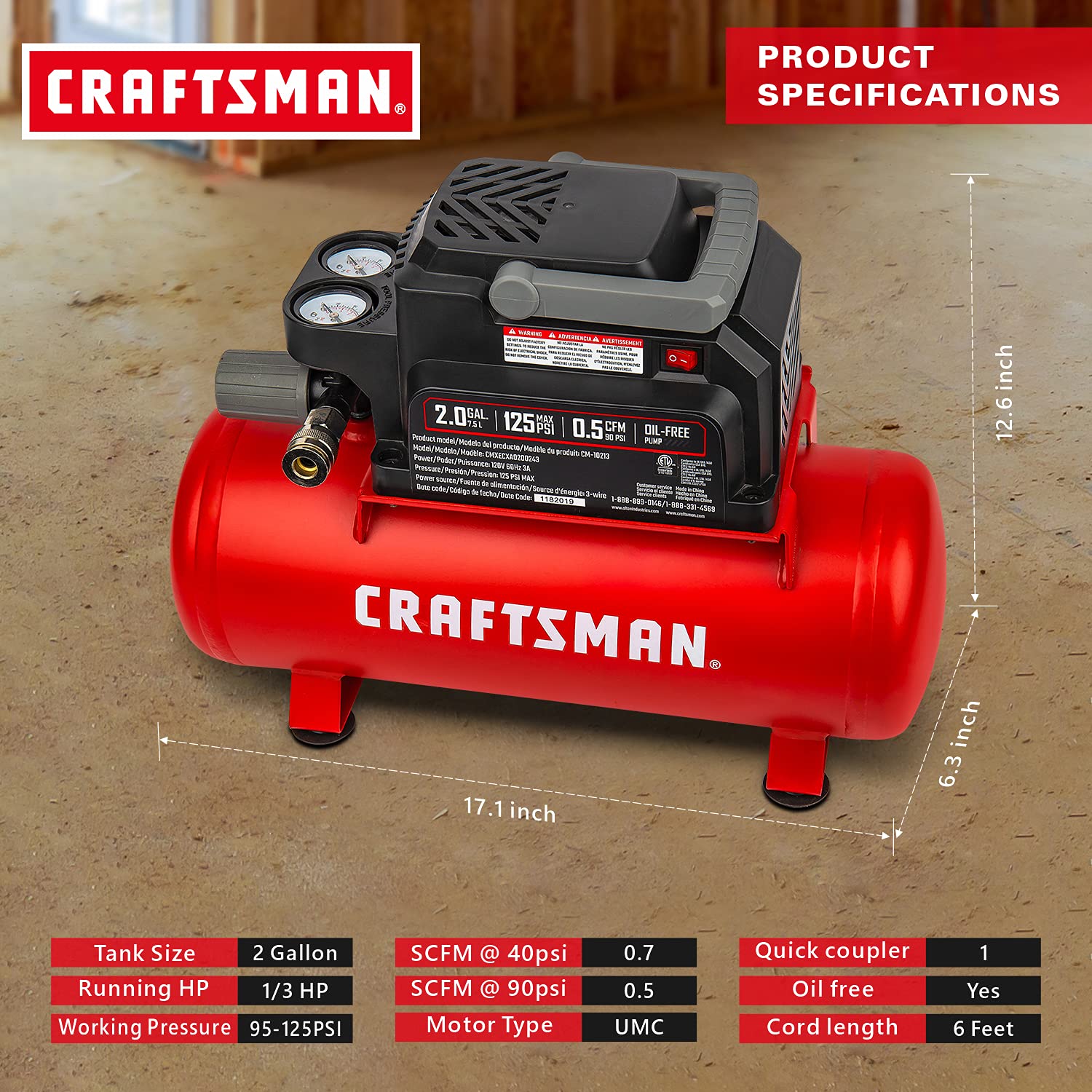 Craftsman Air Tools, 2 Gallon Portable Air Compressor 1/3 HP Oil-Free Max 125 PSI Pressure, Hot Dog, Model: CMXECXA0200243