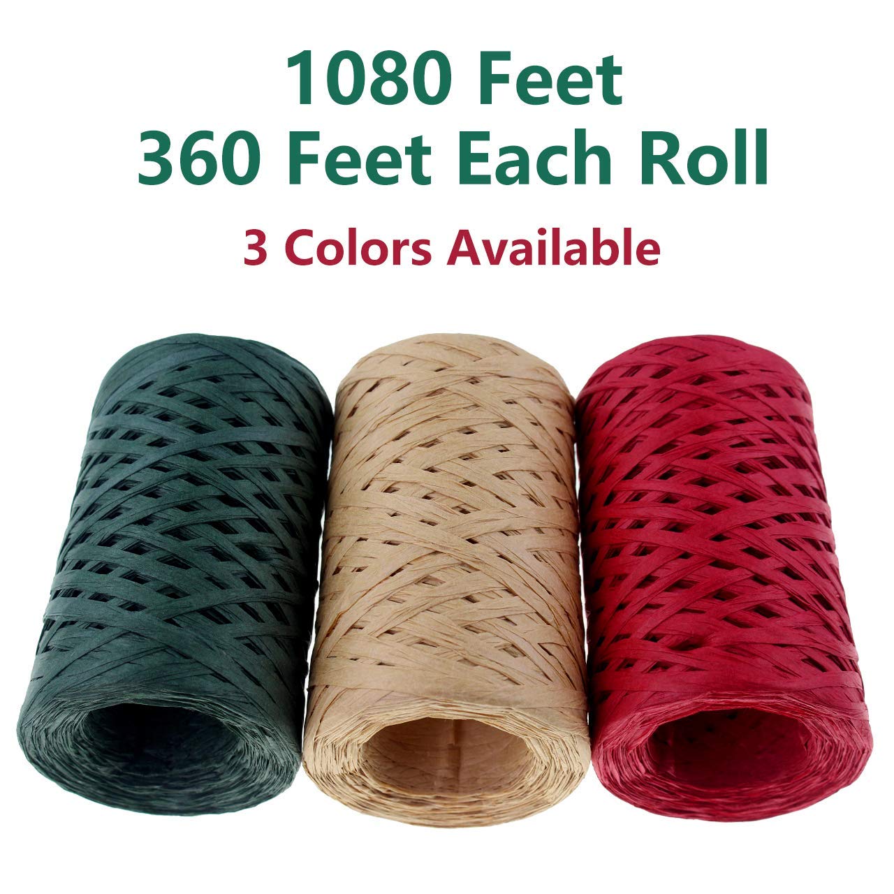 CREATRILL Raffia Ribbon Red Green Natural 3 Rolls 1080 Feet, 360 Feet Each Roll, Paper Twine Wrapping Ribbon for Christmas