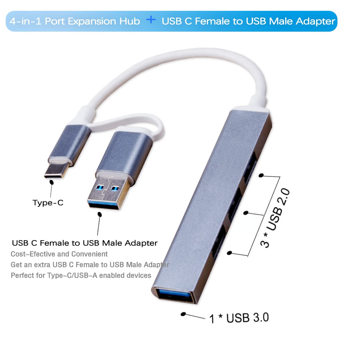 FANLIDE USB C Hub, 4-in-1 Ports Type C Hub with USB C Female to USB Male Adapter, Mini USB Extender Splitter for Laptop, Computer, Mac Mini/Pro, iMac, MacBook Air,Surface Pro, XPS, Notebook PC etc