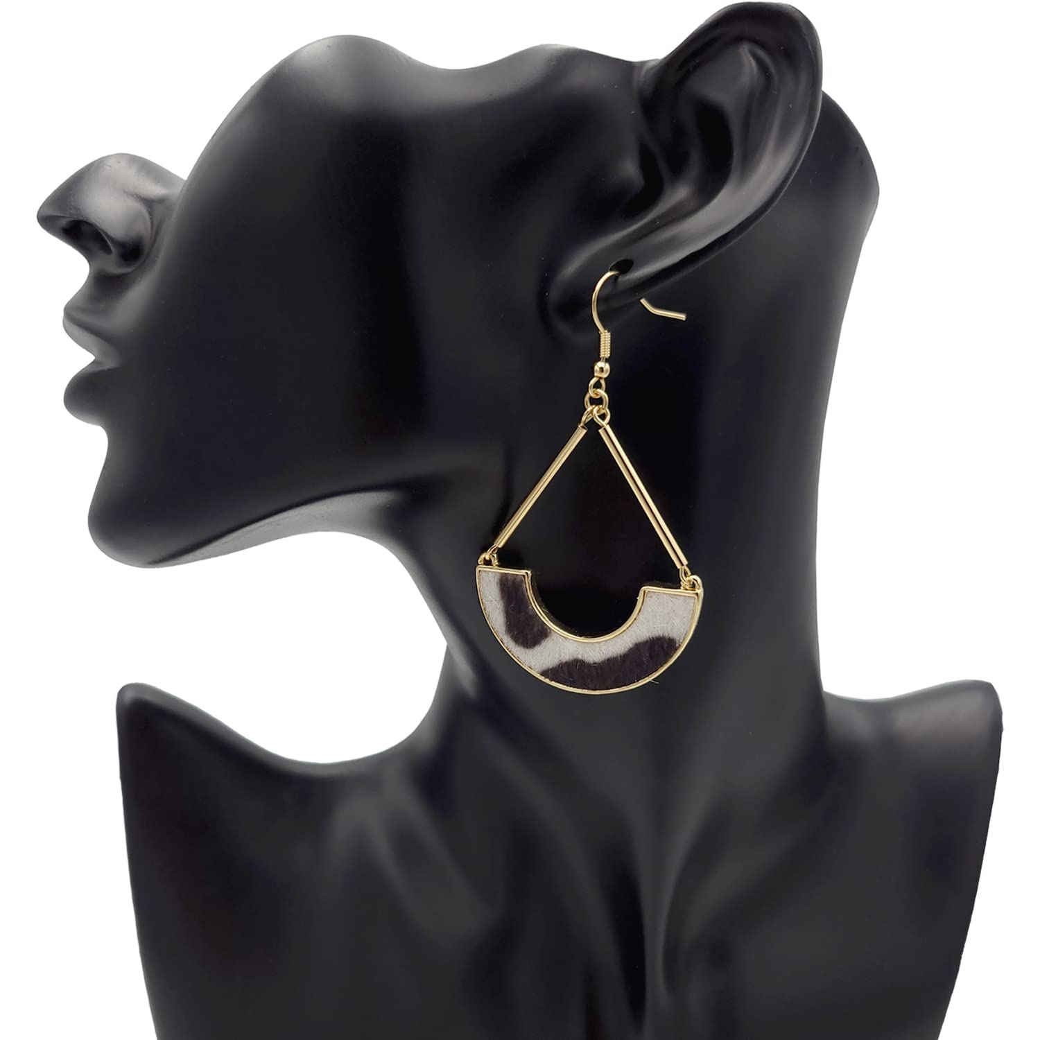 Cow Print Drop Dangle Earrings For Women Bohemian Leather Hoop Earrings Semicircle White Black Western Earring (White Black)
