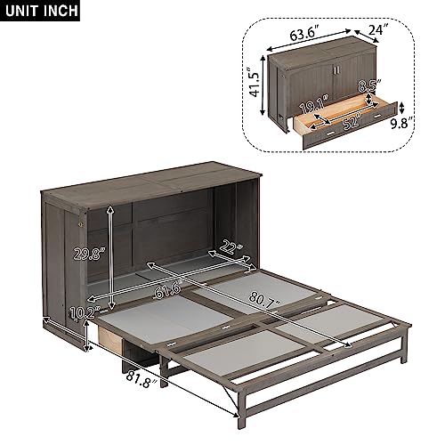 Murphy Bed with Drawer and Shelves.Space-Saving Bed Frame with Charging Station for Bedroom, No Box Spring Needed (Antique Gray, Queen (U.S. Standard))
