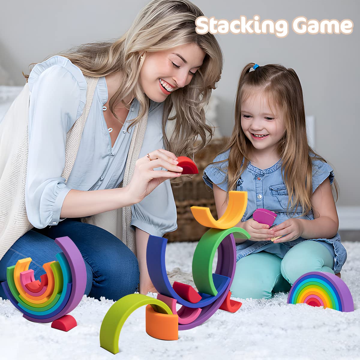 Youuys Silicone Rainbow Stacking Toy - 10 Pcs Rainbow Stacker Building Blocks Montessori Toys for Toddlers